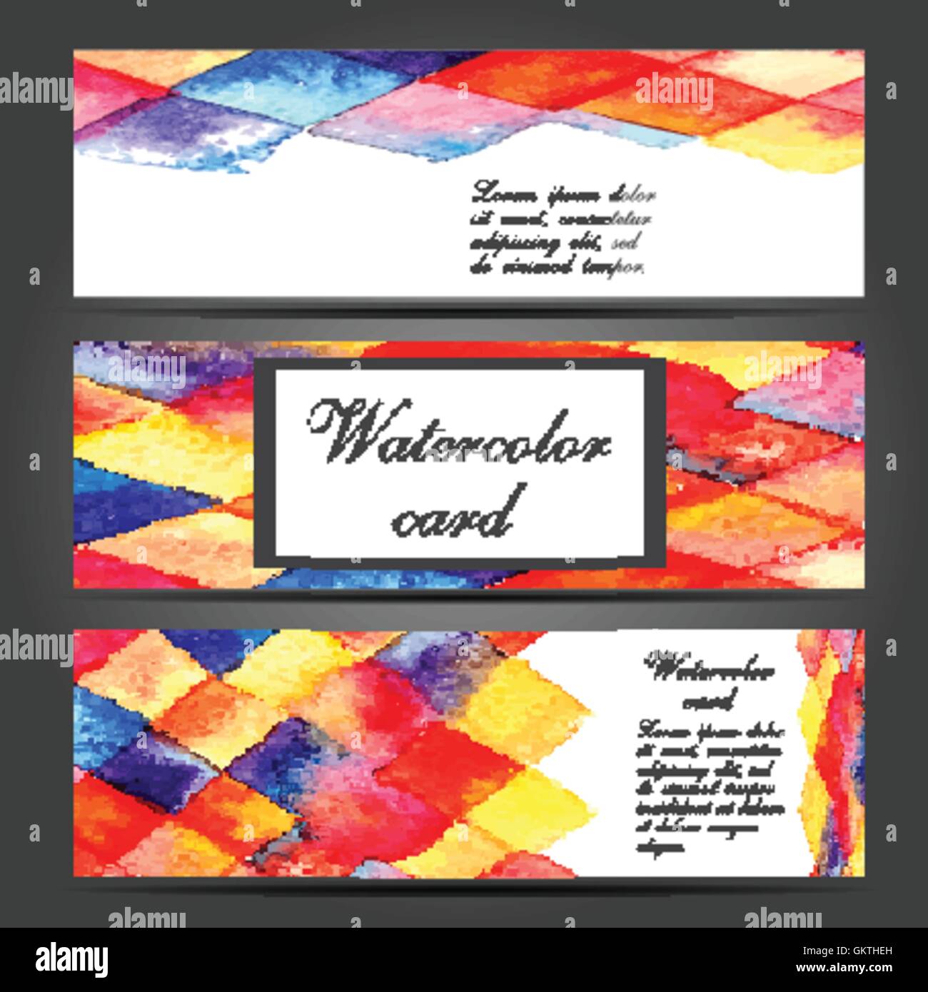 Three vector business cards template with hand painted watercolor brush ...