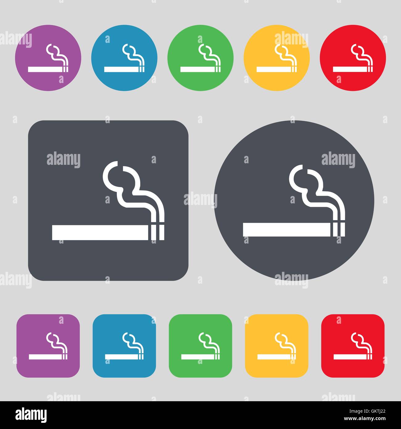 cigarette smoke icon sign. A set of 12 colored buttons. Flat design ...