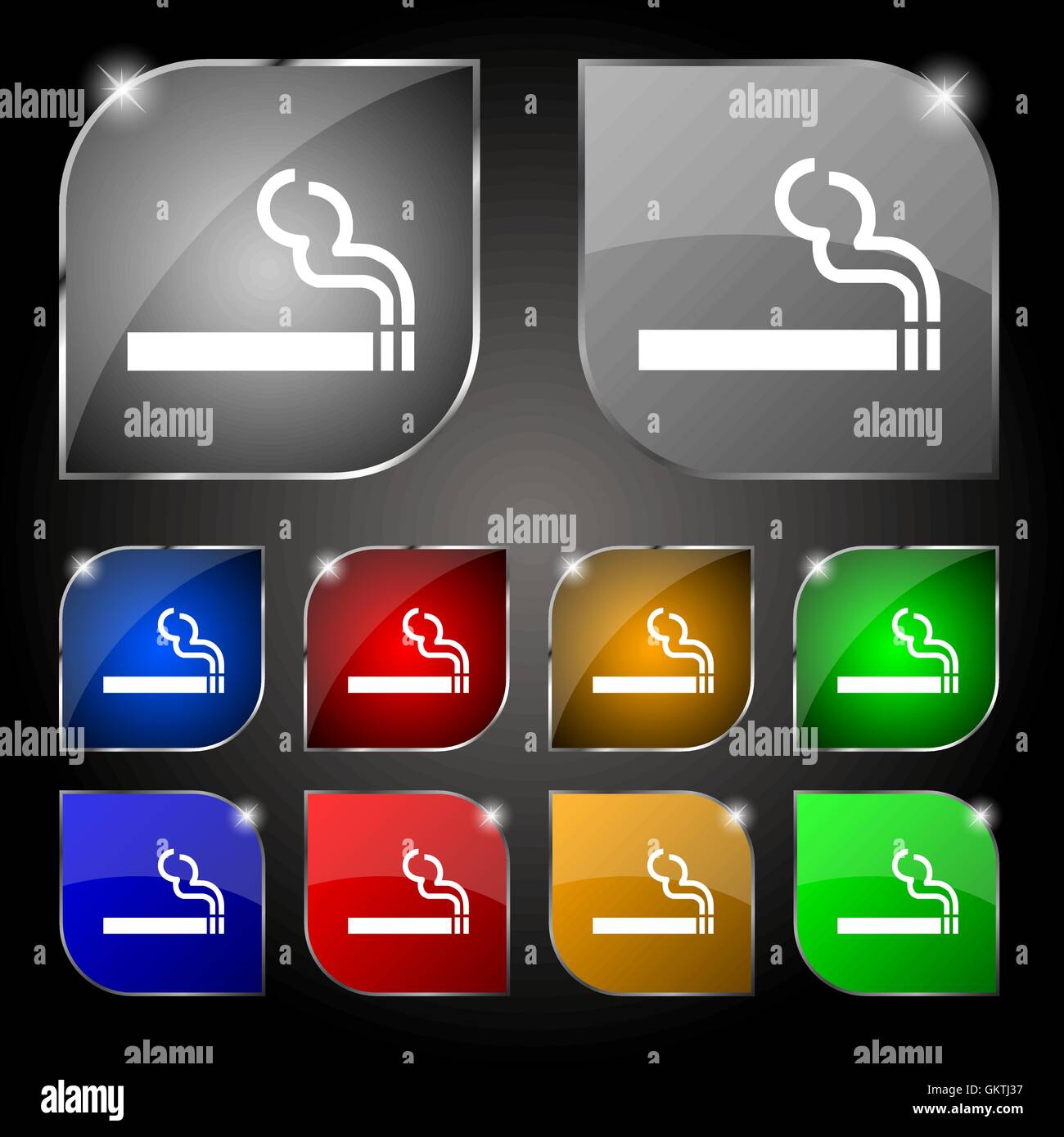 cigarette smoke icon sign. Set of ten colorful buttons with glare ...
