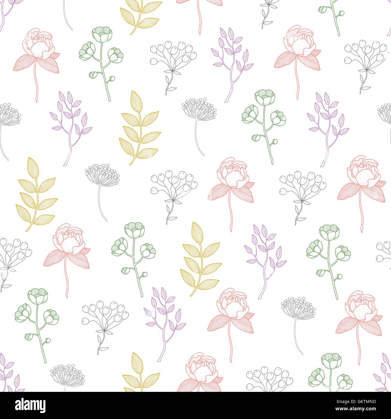 Vector Colorful Growing Plants Line Art Seamless Pattern Stock Vector ...