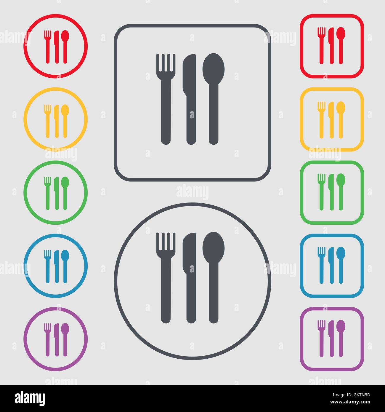 fork, knife, spoon icon sign. symbol on the Round and square buttons with frame. Vector Stock ...
