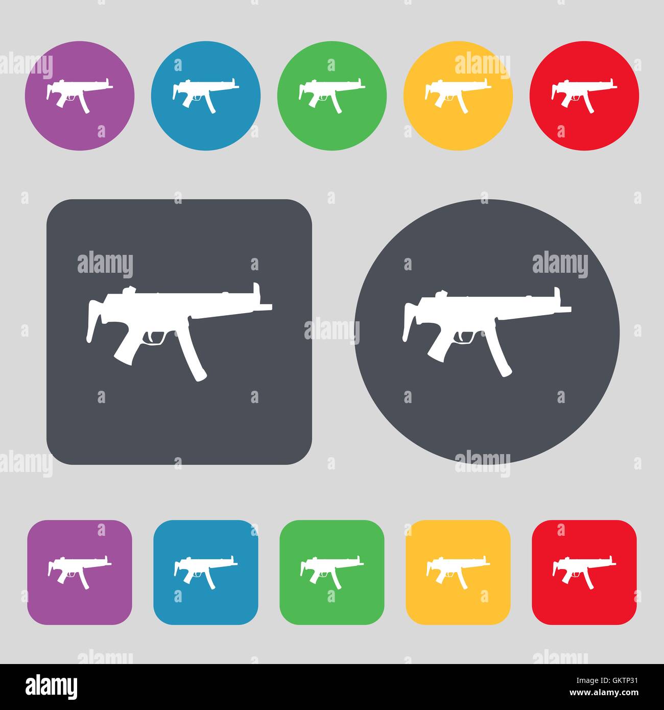 machine gun icon sign. A set of 12 colored buttons. Flat design. Vector ...