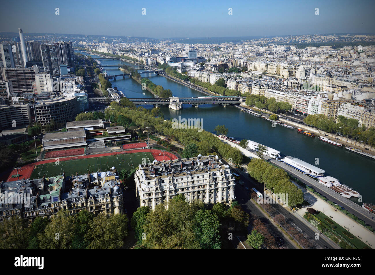 Bird-eye view of the Seine River in Paris viewed from the Eiffel Tower ...