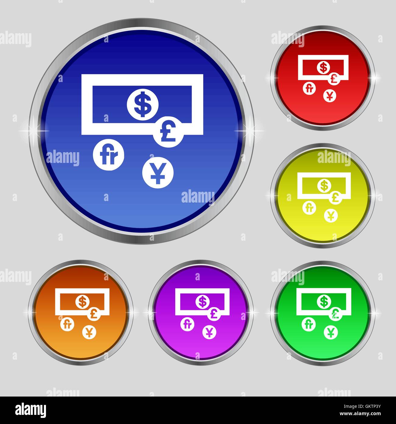 currencies of the world icon sign. Round symbol on bright colourful ...