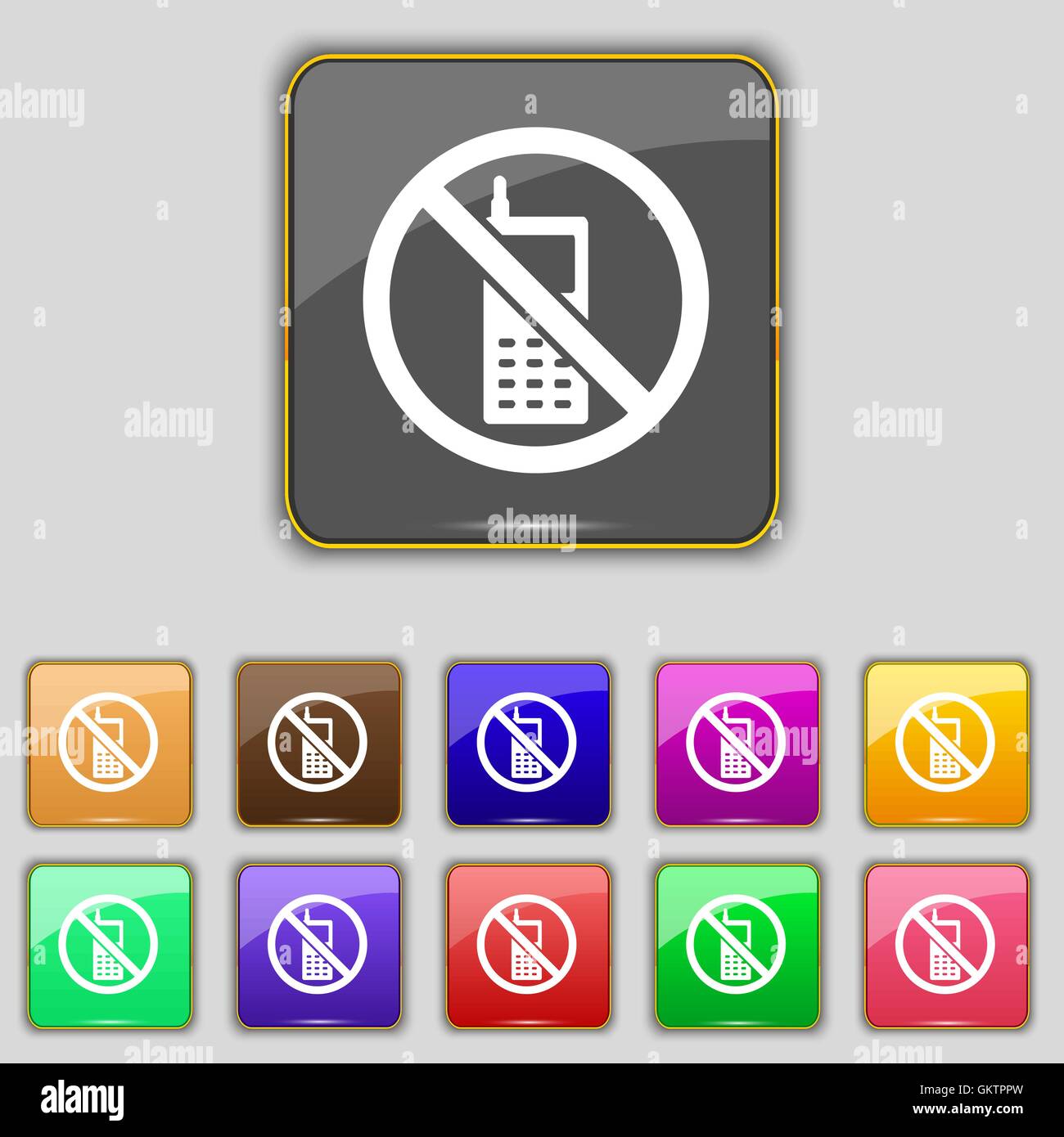 mobile phone is prohibited icon sign. Set with eleven colored buttons ...