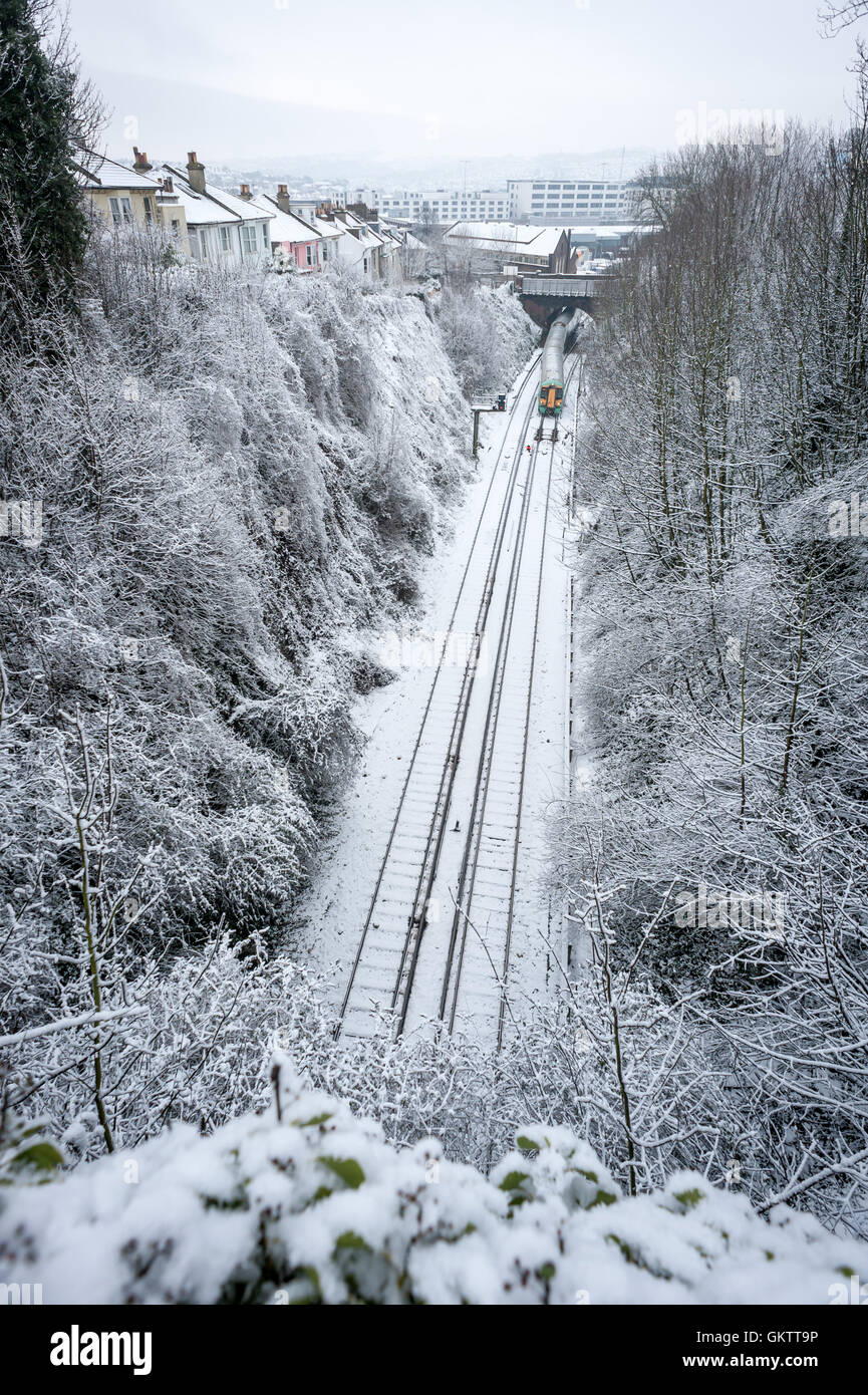 Train carry on running despite the snowfall, in Brighton Stock Photo ...