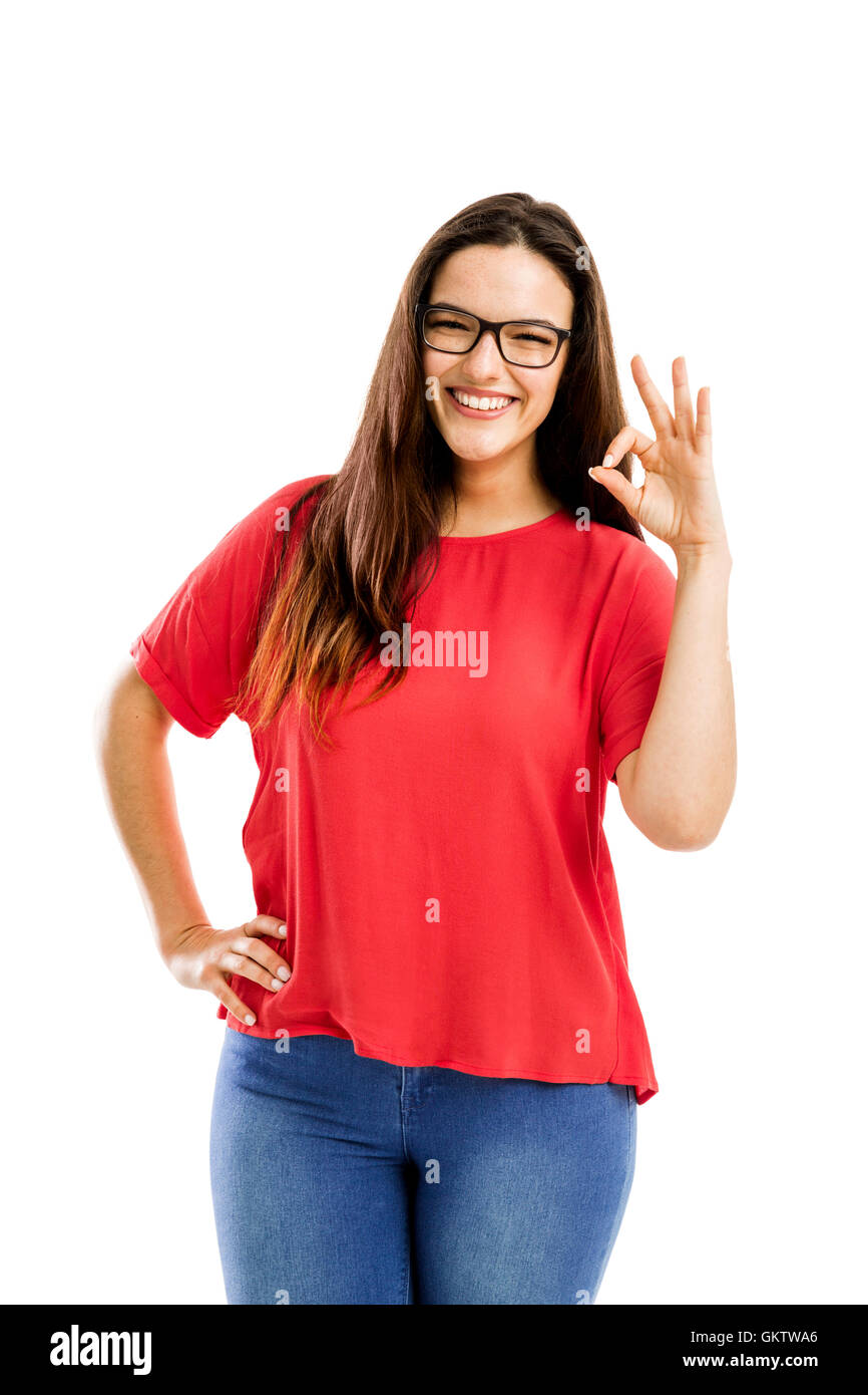 Beautiful and confident woman smiling and doing ok signal, isolated ...