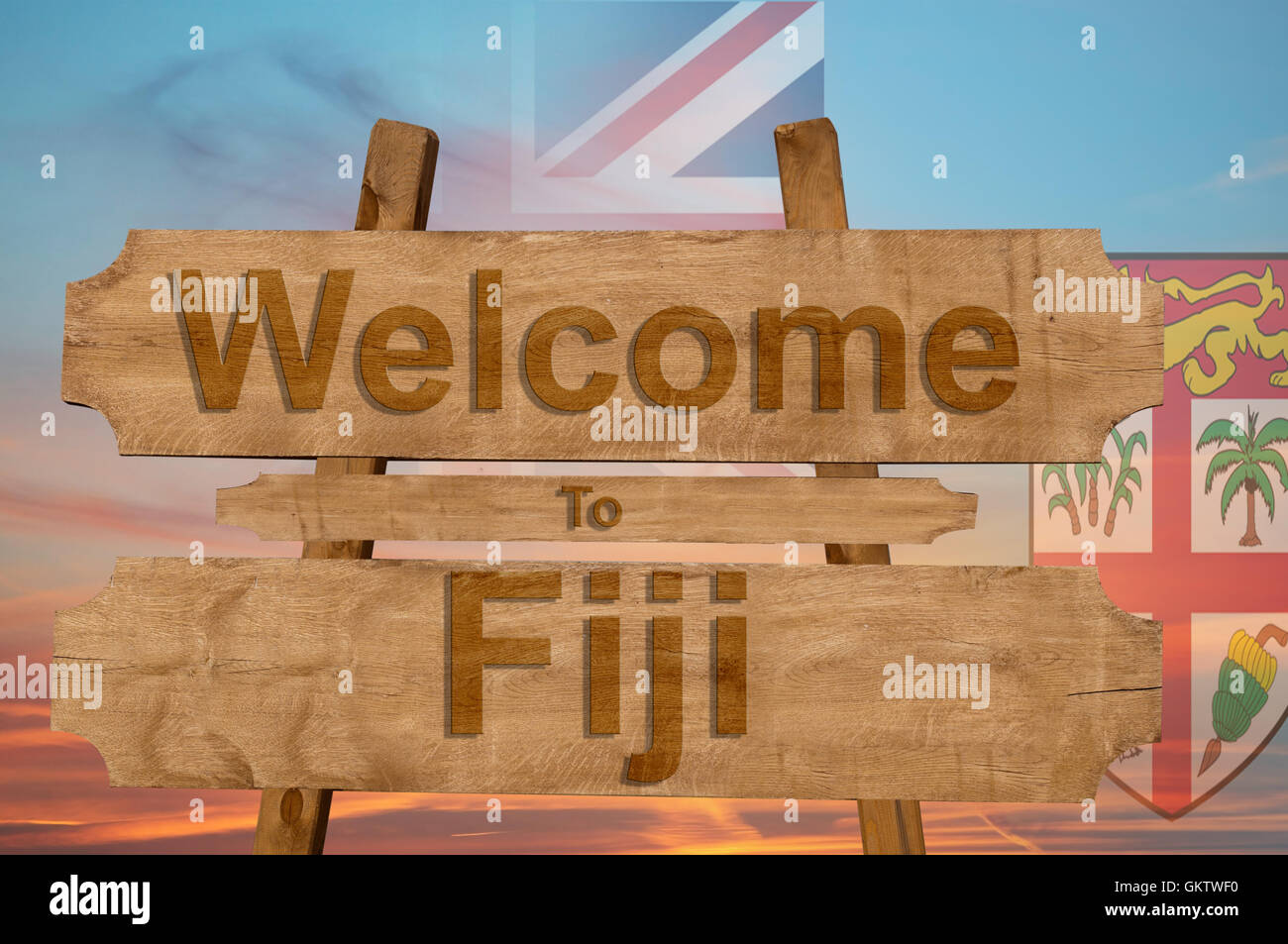 Welcome to Fiji sing on wood background with blending national flag ...