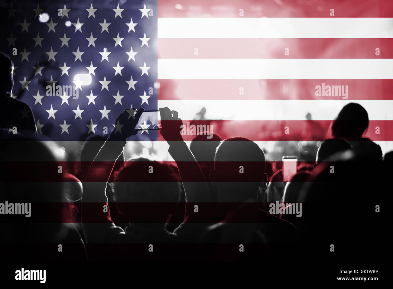 live music concert with blending USA flag on fans Stock Photo - Alamy