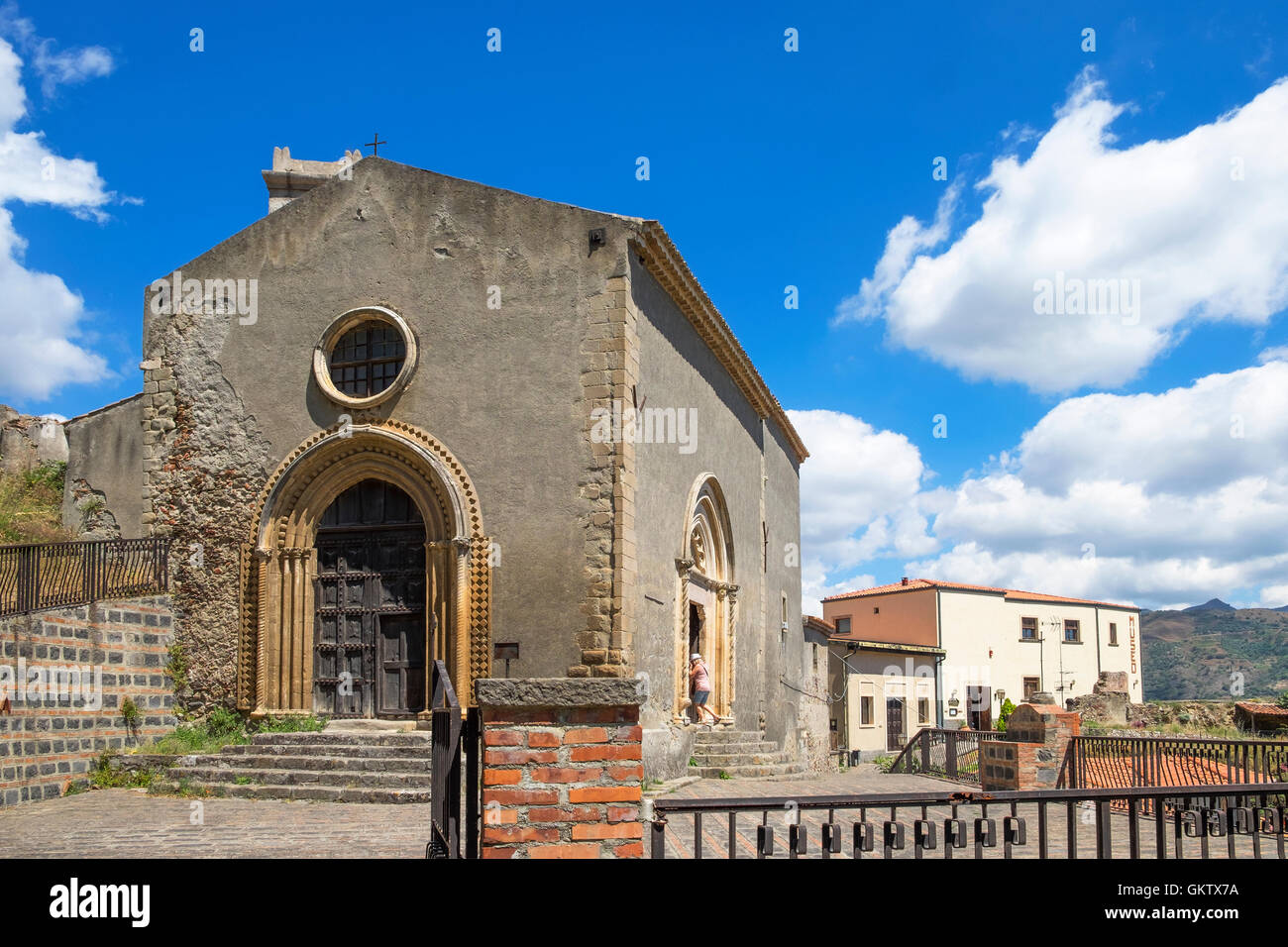 San Michele church in the mountain village of Savoca on the island of ...