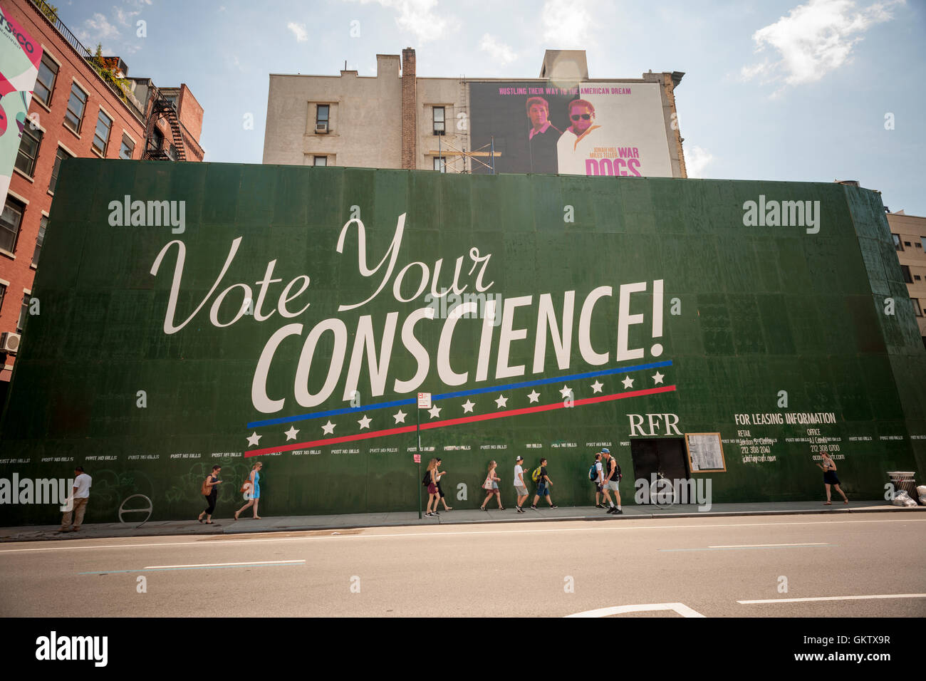 The construction shed around a development is decorated with the ...