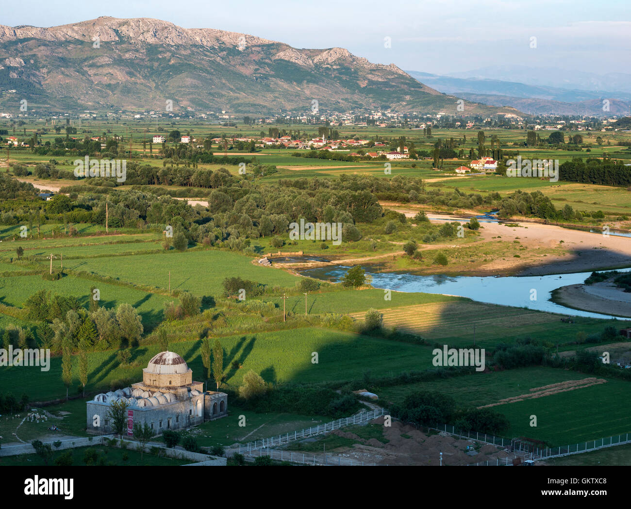 Looking across the Drin river valley with the Xhamia e Plumbit or Lead ...