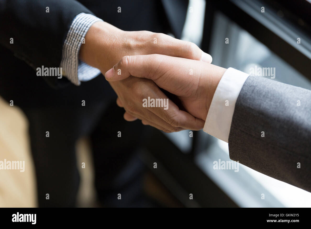 two businessman in suit shaking hands beside window - business teamwork ...