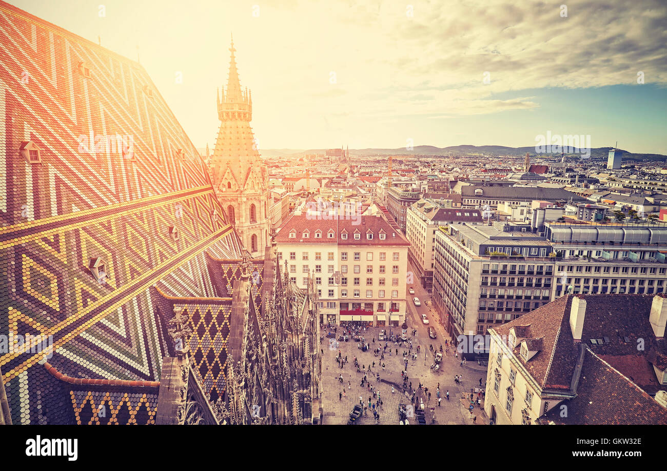 Retro stylized picture of Vienna at sunset, view from the north tower ...