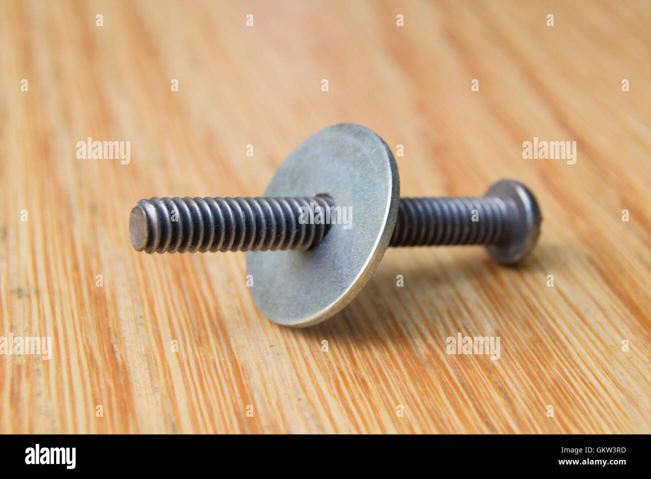 Close up of steel bolt with washer screwed on half way along, macro ...