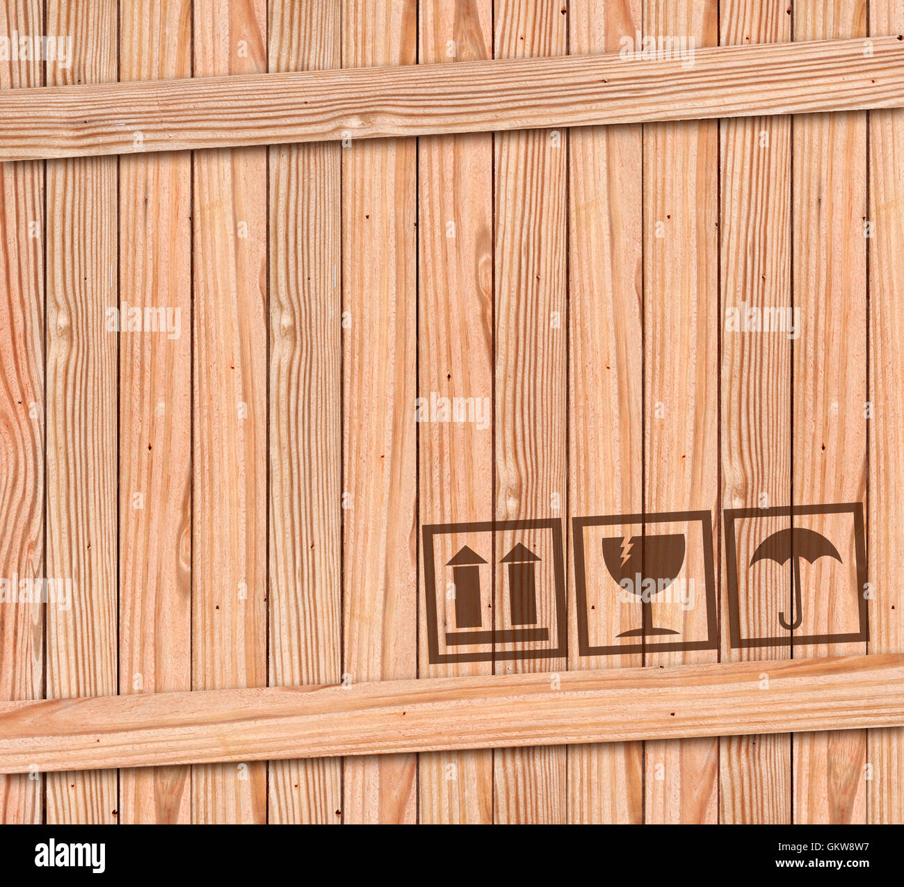 Safety fragile icon on wooden box with space Stock Photo - Alamy