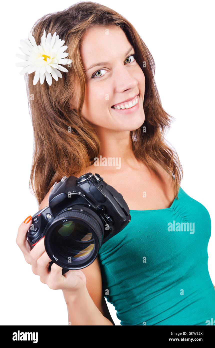 Attractive female photographer on white Stock Photo - Alamy