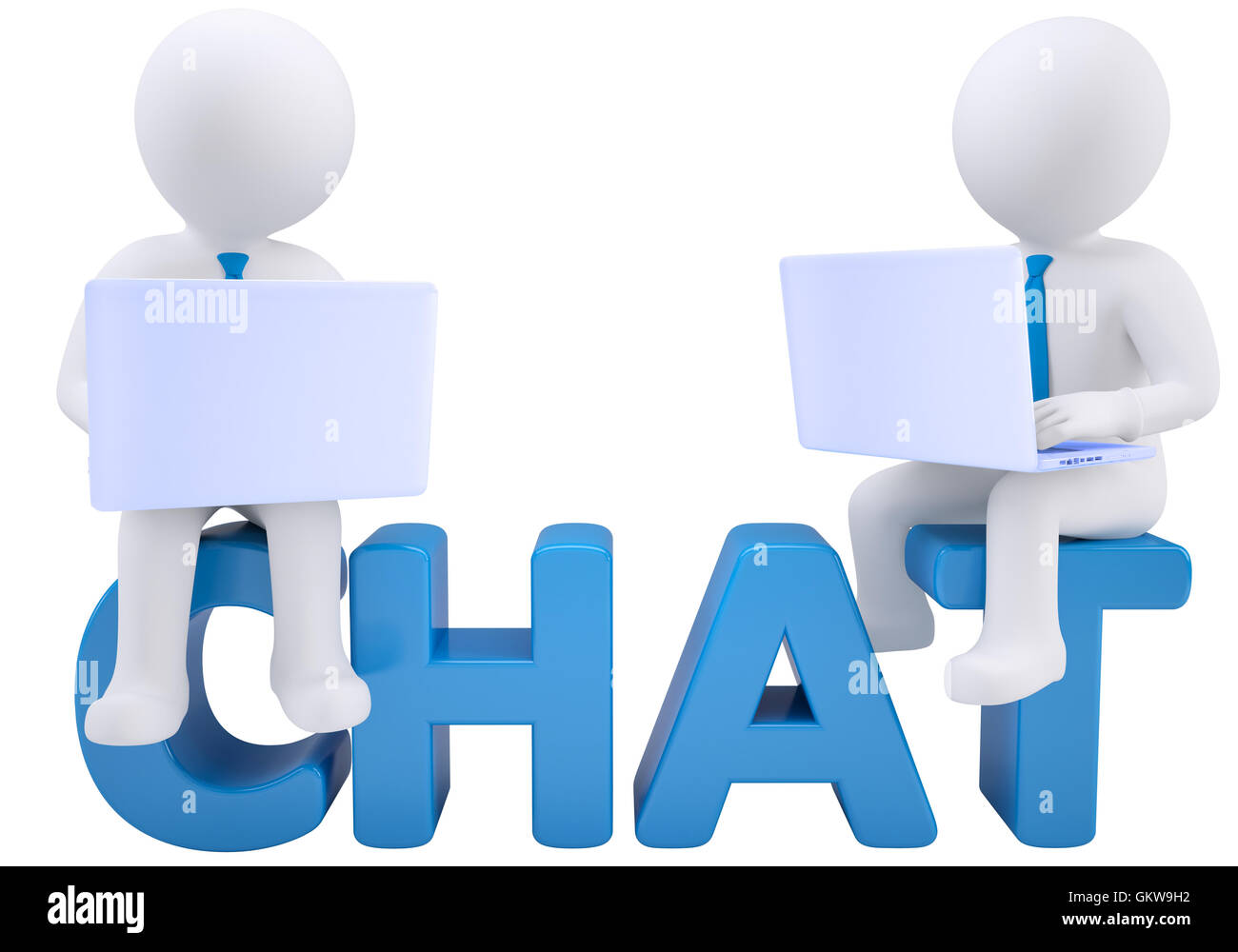 3d man sitting with a laptop on the word chat Stock Photo - Alamy