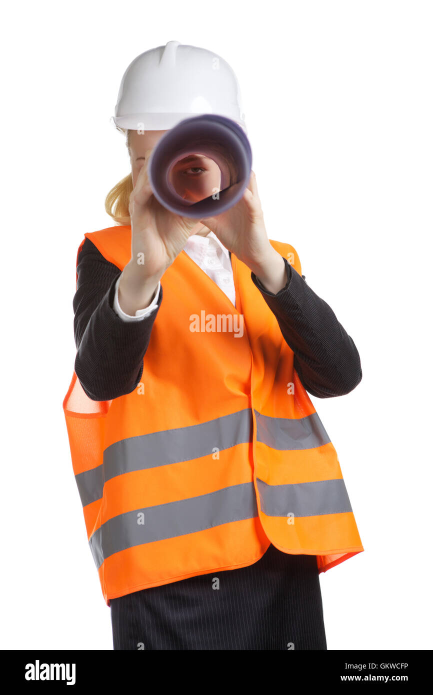 Engineer Woman With Drawing Stock Photo - Alamy