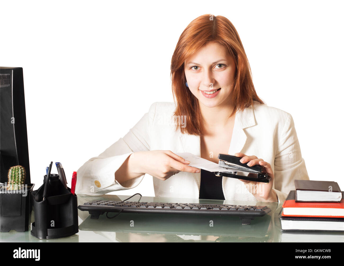 girl holds a paper stapler Stock Photo - Alamy