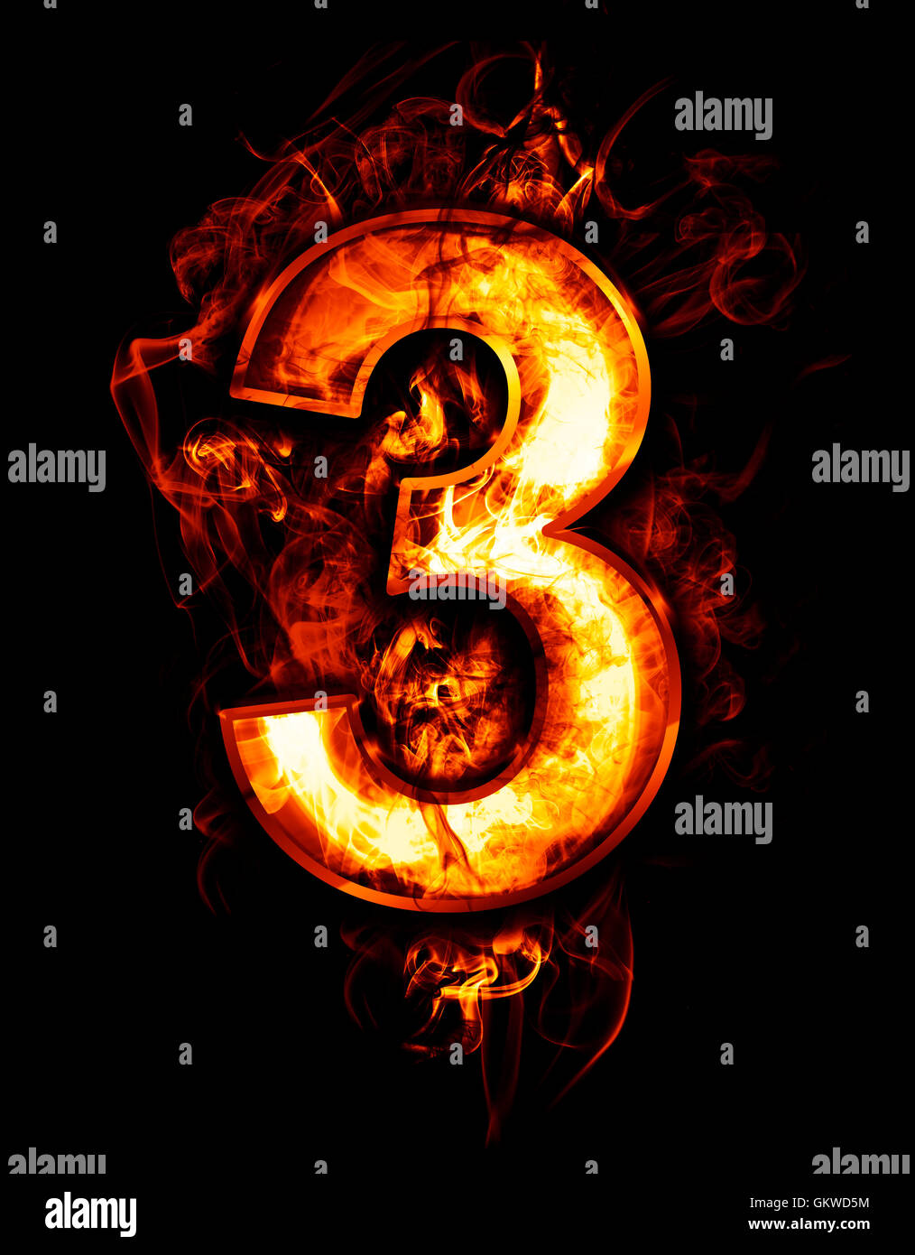 three, illustration of number with chrome effects and red fire Stock ...