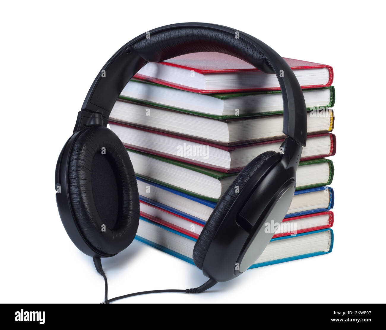 Headphones and a stack of books Stock Photo - Alamy