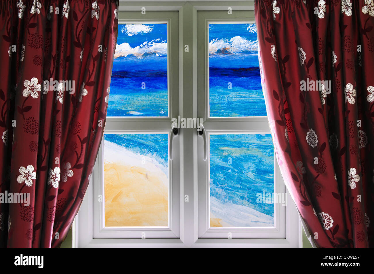 Window view to painted seaside Stock Photo - Alamy