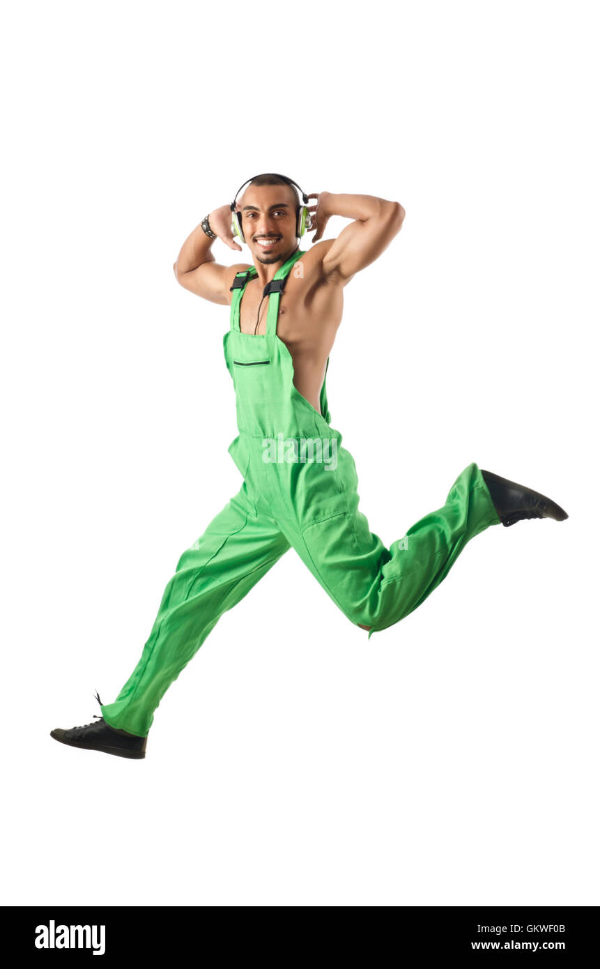 Construction worker jumping and dancing Stock Photo - Alamy