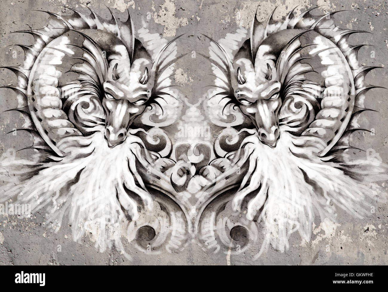 Two Dragons, tattoo illustration over grey wall Stock Photo - Alamy