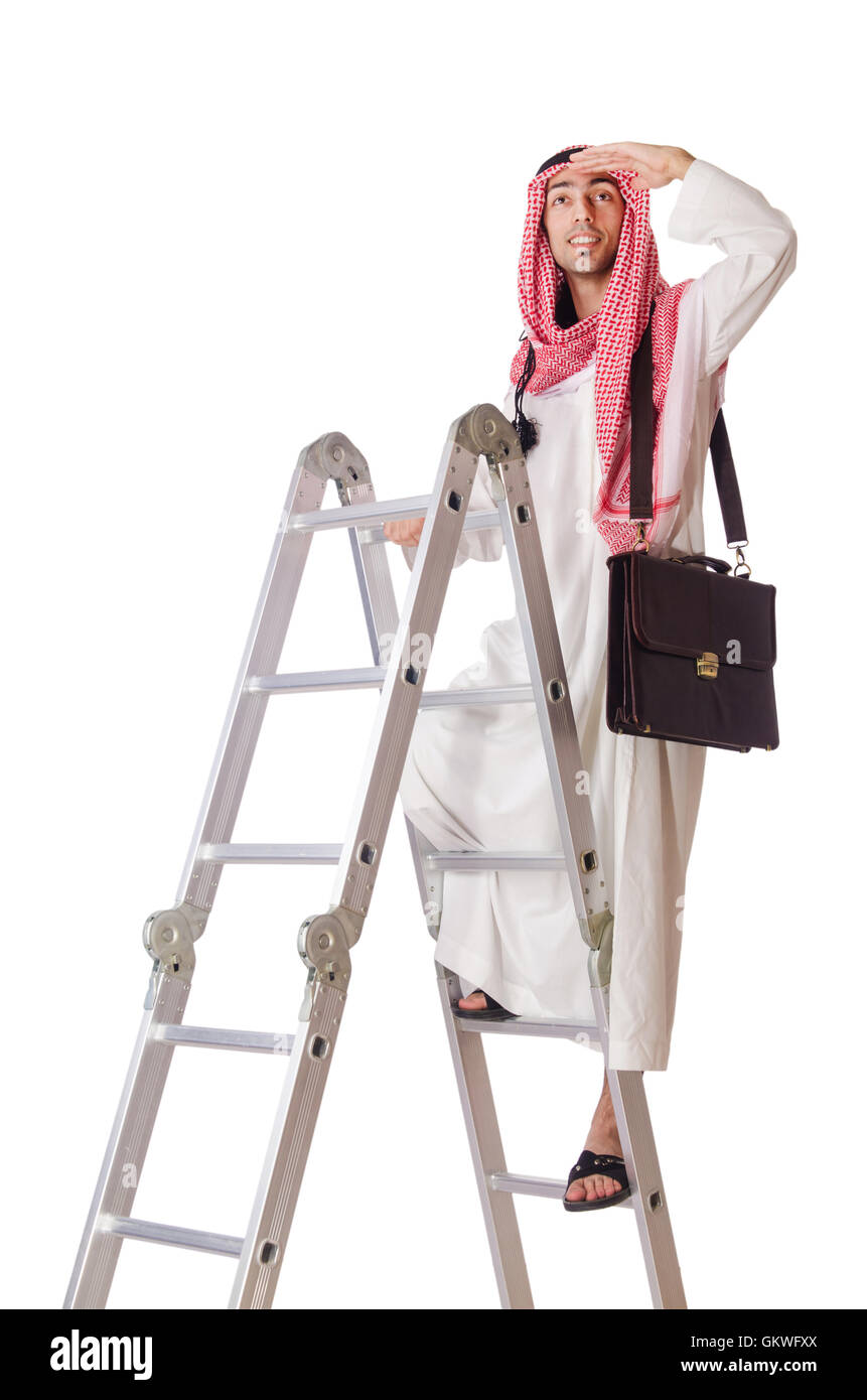 Arab Businessman climbing career ladder on white Stock Photo - Alamy