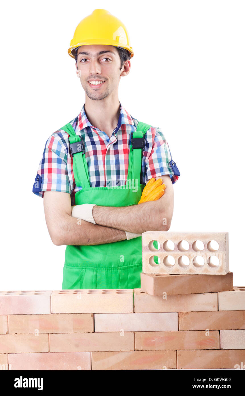 Builder with hard hat on white Stock Photo - Alamy
