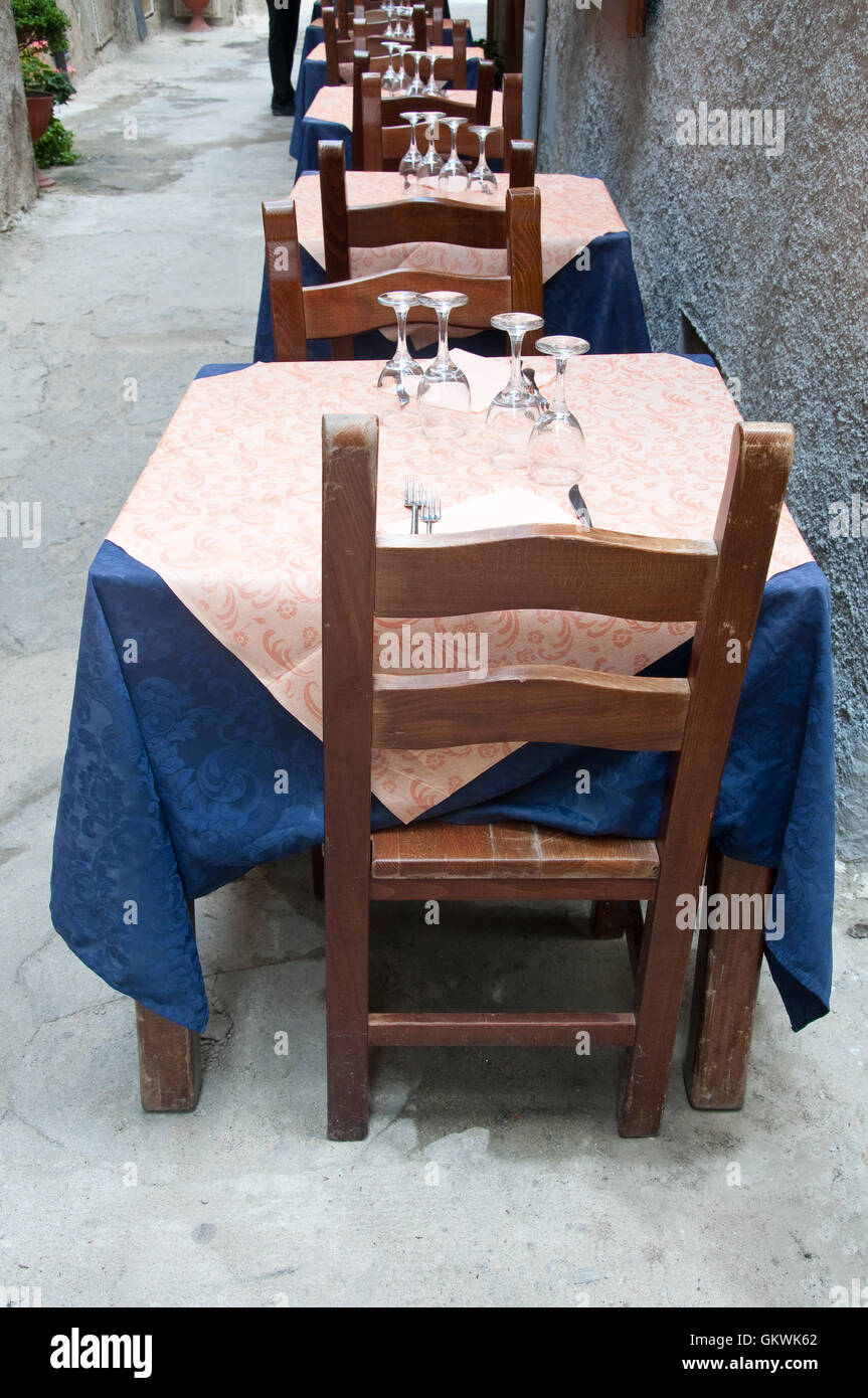 the beautiful and colorful wooden tables in a restaurant Stock Photo ...