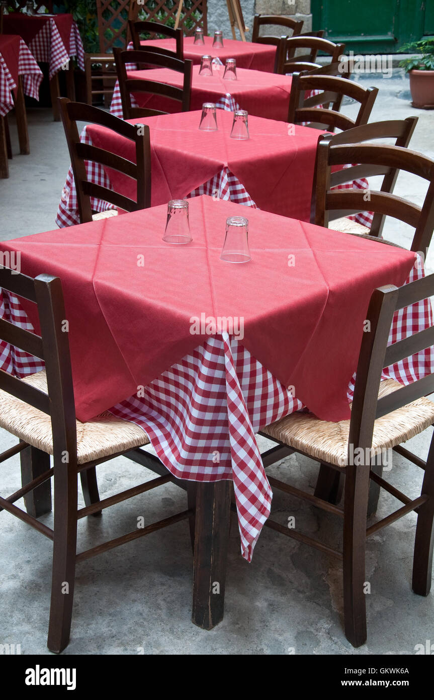 the beautiful and colorful wooden tables in a restaurant Stock Photo ...