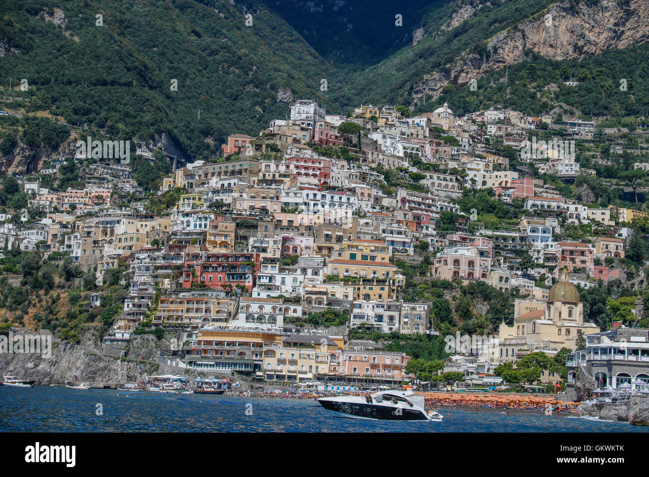 Looking from the water at Positano Stock Photo - Alamy