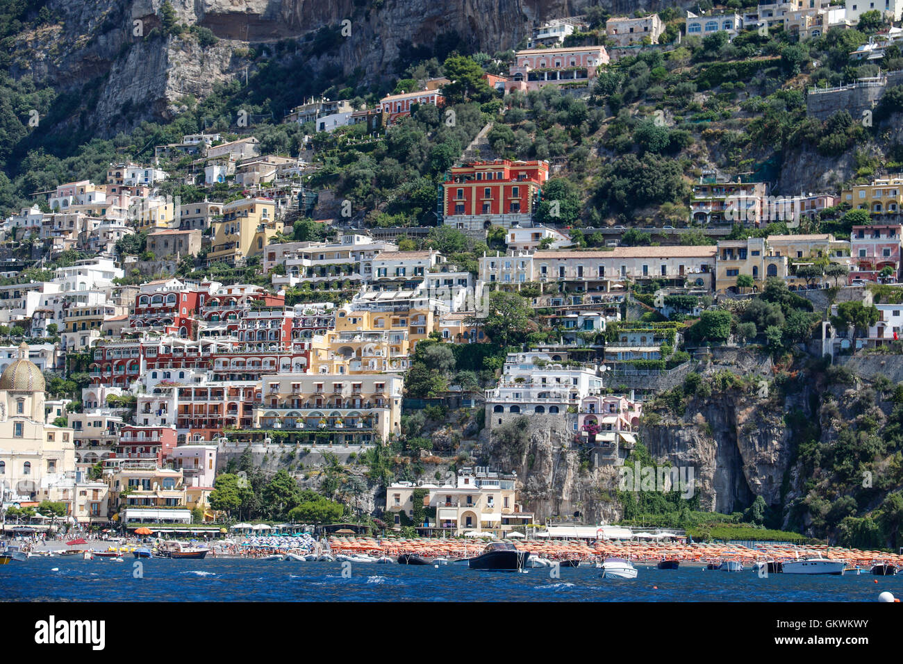 Looking from the water at Positano Stock Photo - Alamy