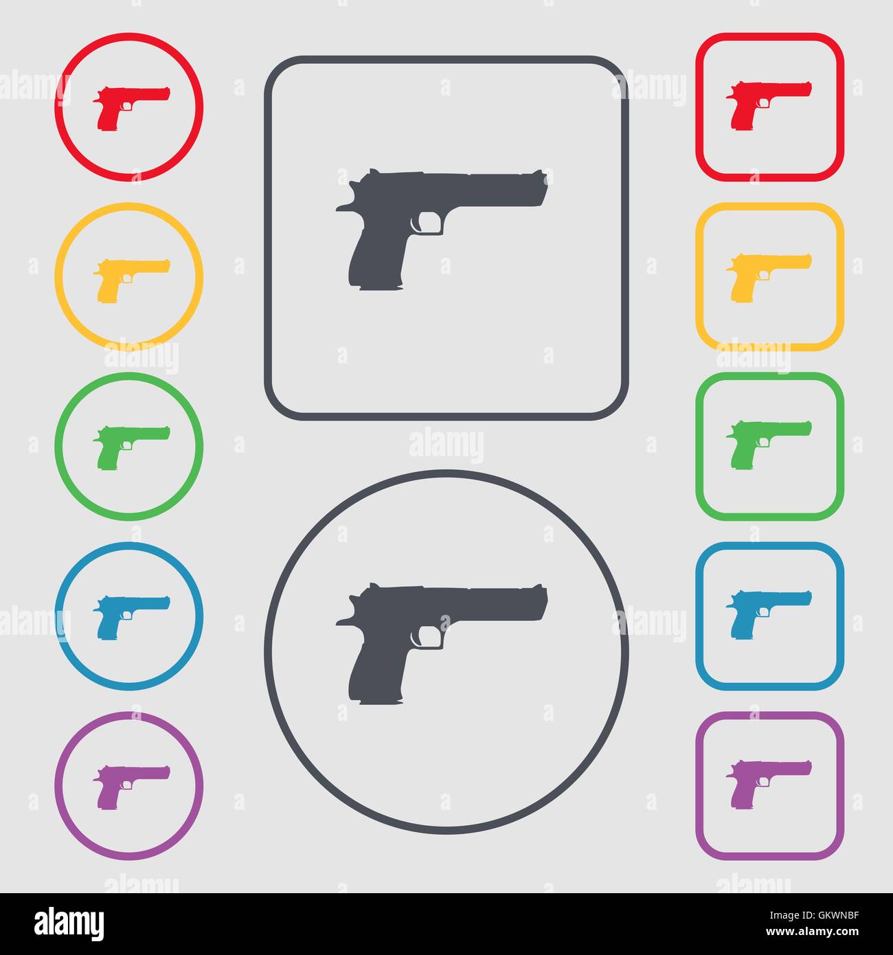 gun icon sign. symbol on the Round and square buttons with frame ...