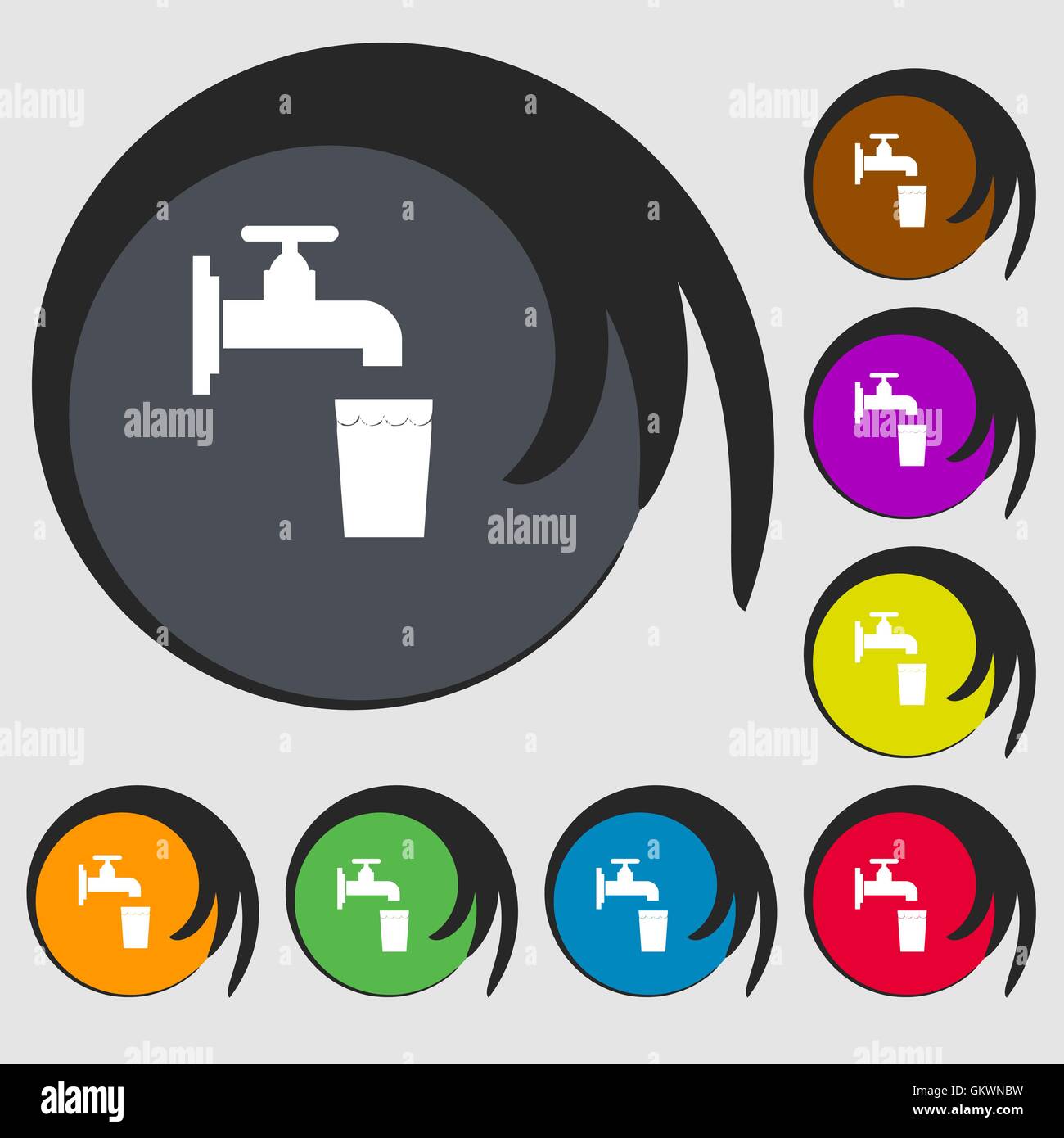faucet, glass, water icon sign. Symbol on eight colored buttons. Vector ...