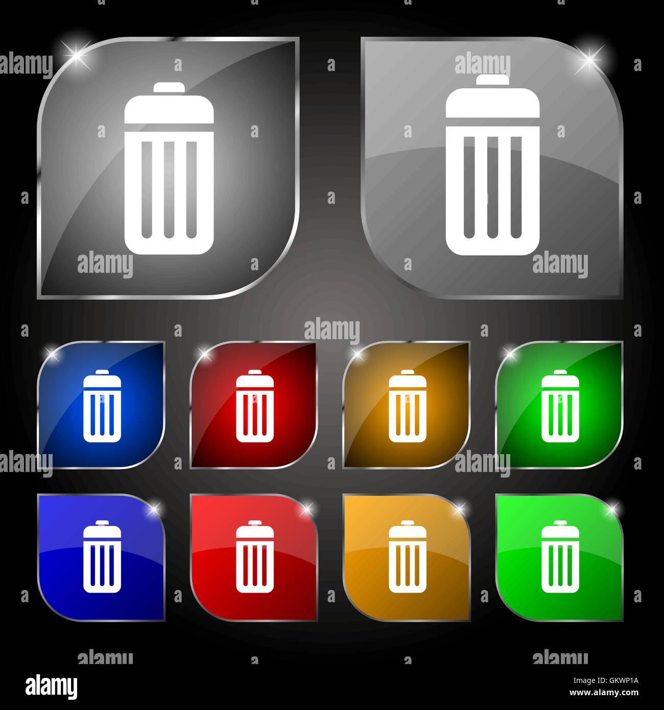 The trash icon sign. Set of ten colorful buttons with glare. Vector ...