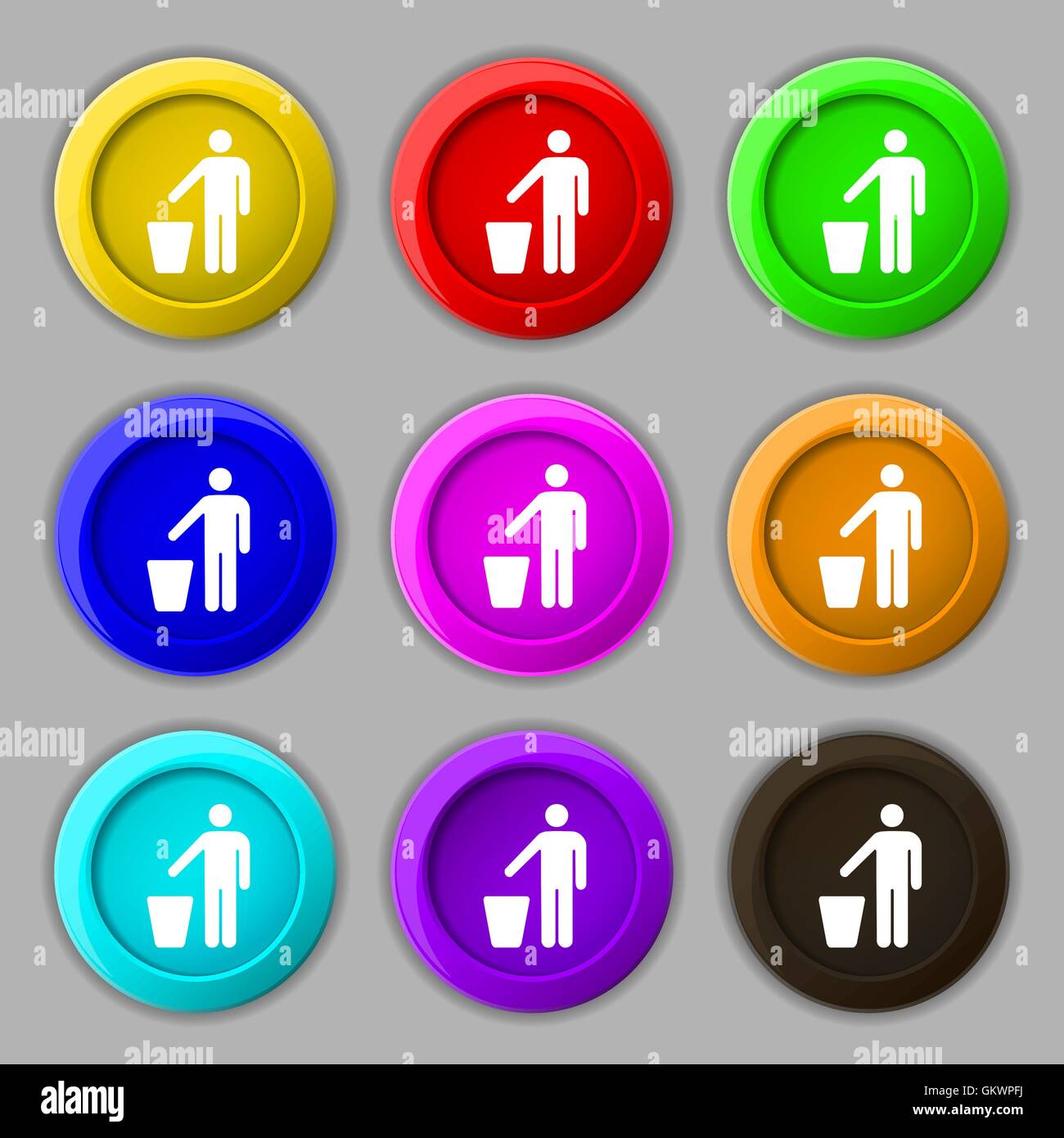 throw away the trash icon sign. symbol on nine round colourful buttons ...