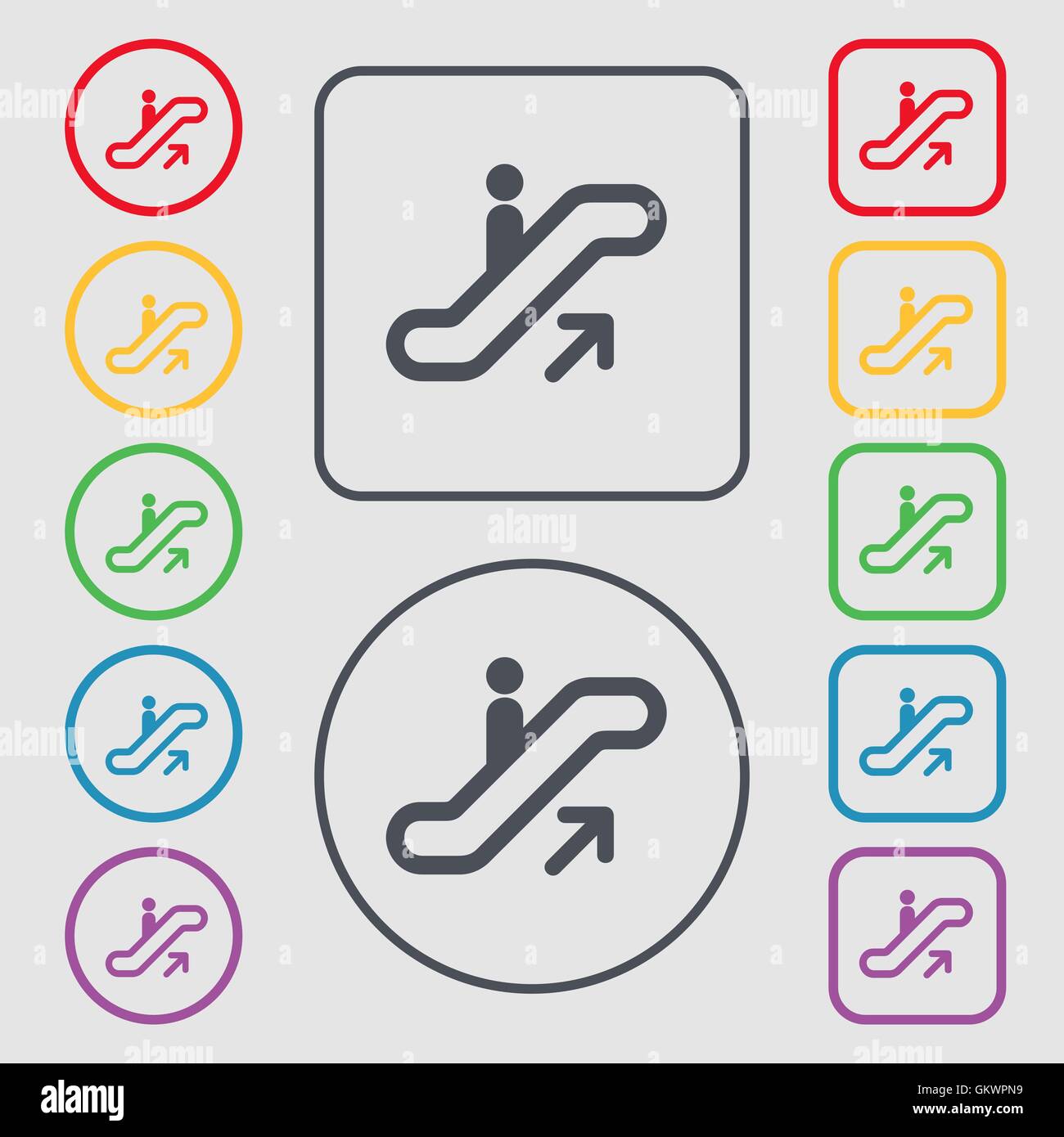 elevator, Escalator, Staircase icon sign. symbol on the Round and ...