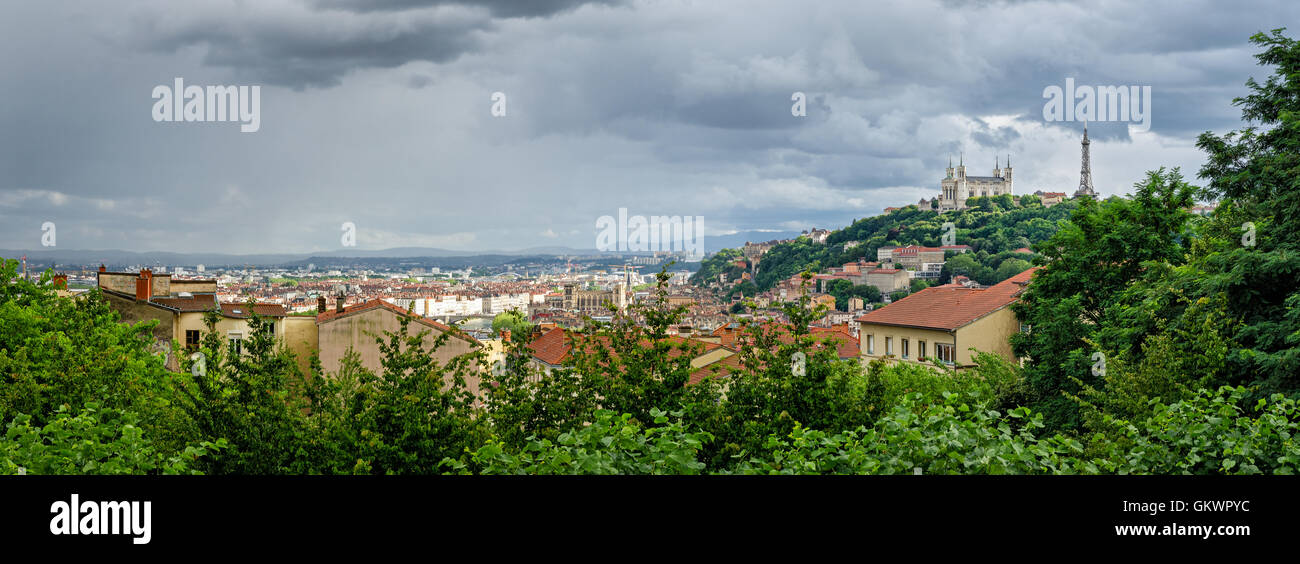 Lyon (France) high definition panorama with Notre-Dame de Fourviere ...