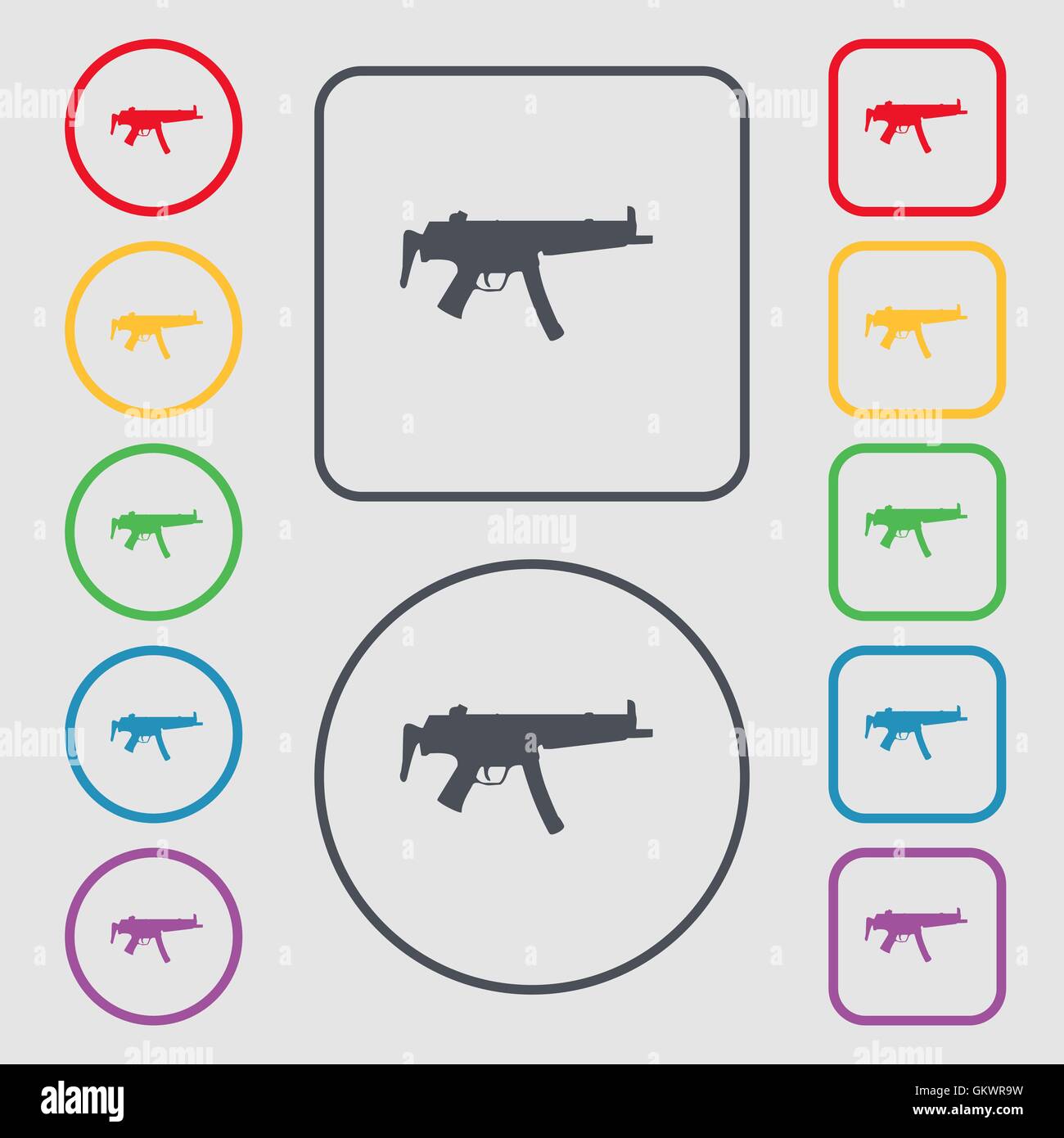 machine gun icon sign. symbol on the Round and square buttons with ...