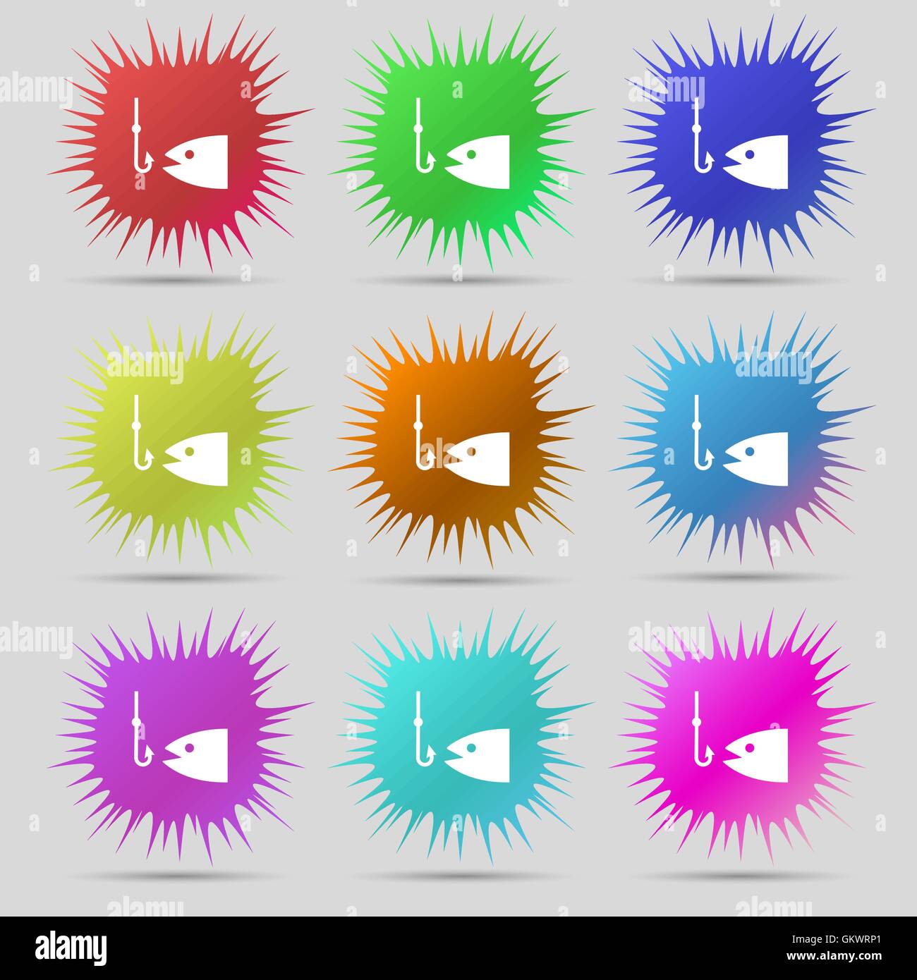 Fishing icon sign. A set of nine original needle buttons. Vector Stock ...