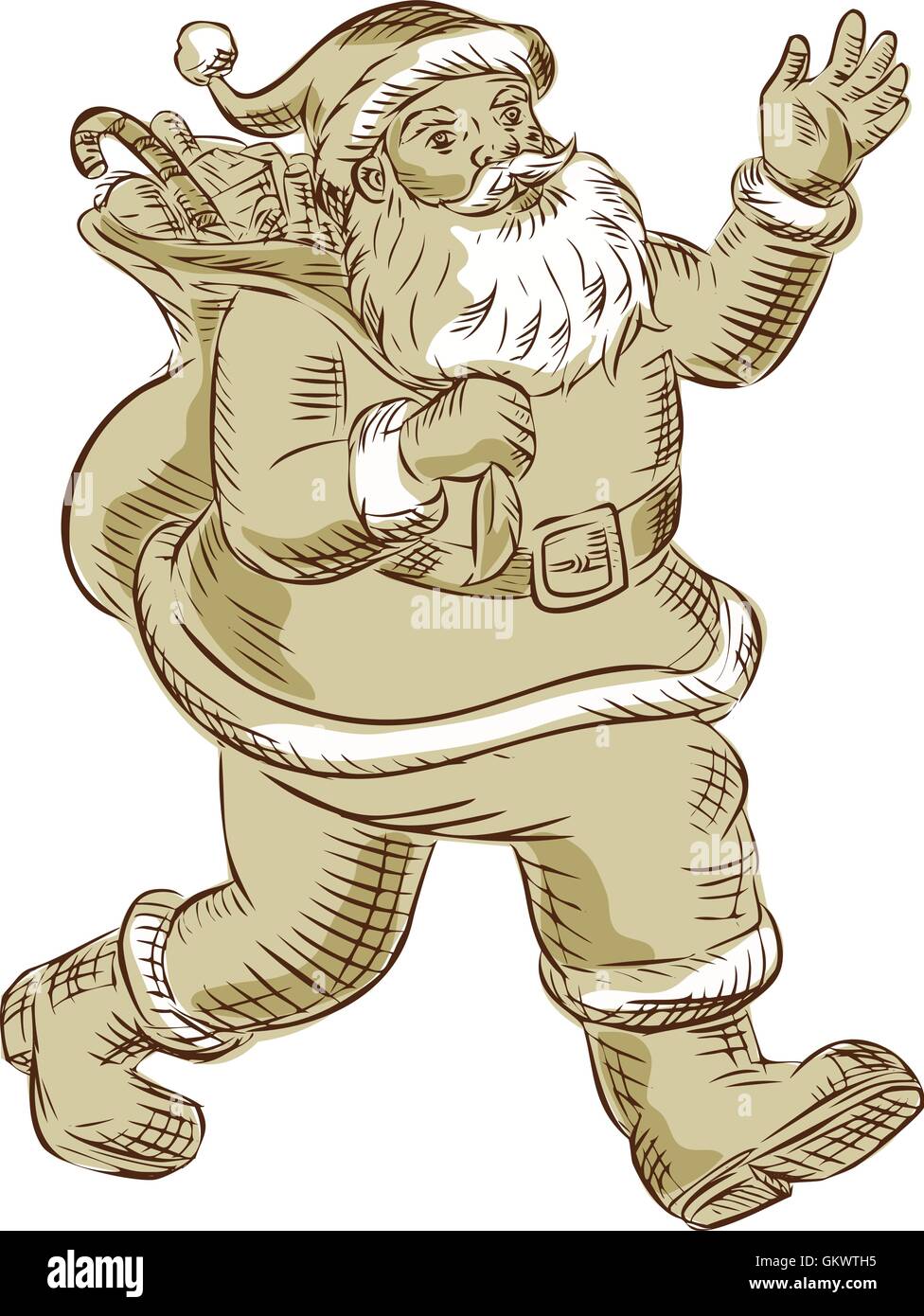 Santa Claus Walking Waving Etching Stock Vector Image & Art - Alamy