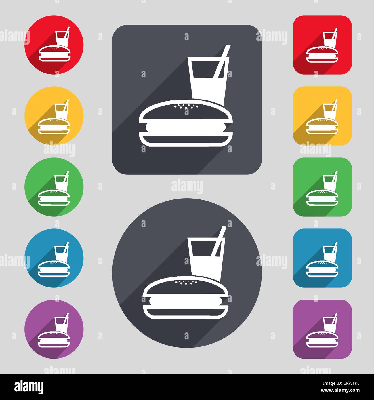 lunch box icon sign. A set of 12 colored buttons and a long shadow ...