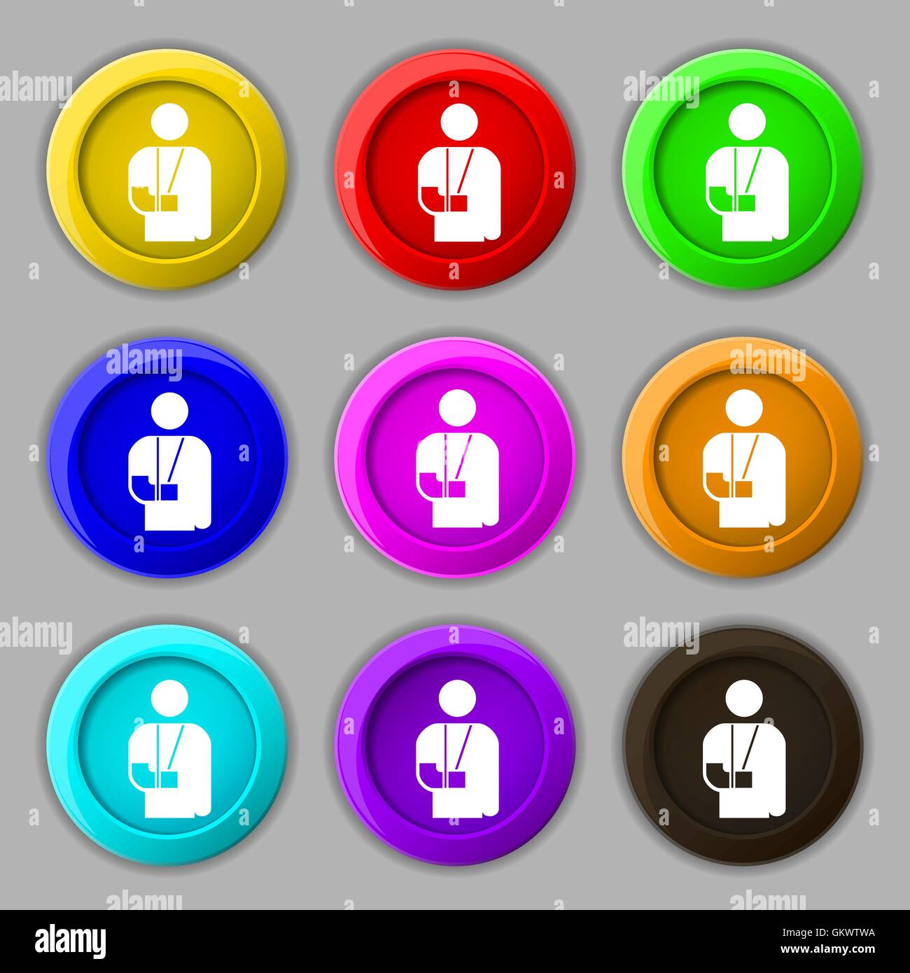 broken arm, disability icon sign. symbol on nine round colourful ...