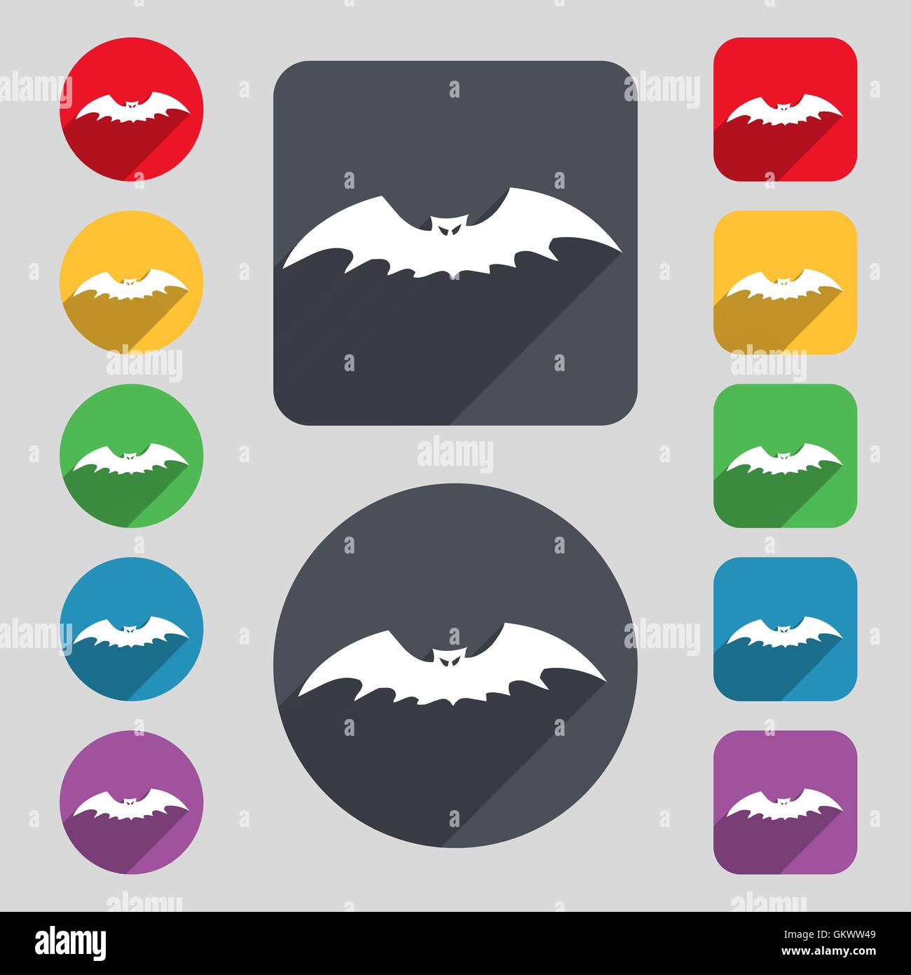 bat icon sign. A set of 12 colored buttons and a long shadow. Flat ...