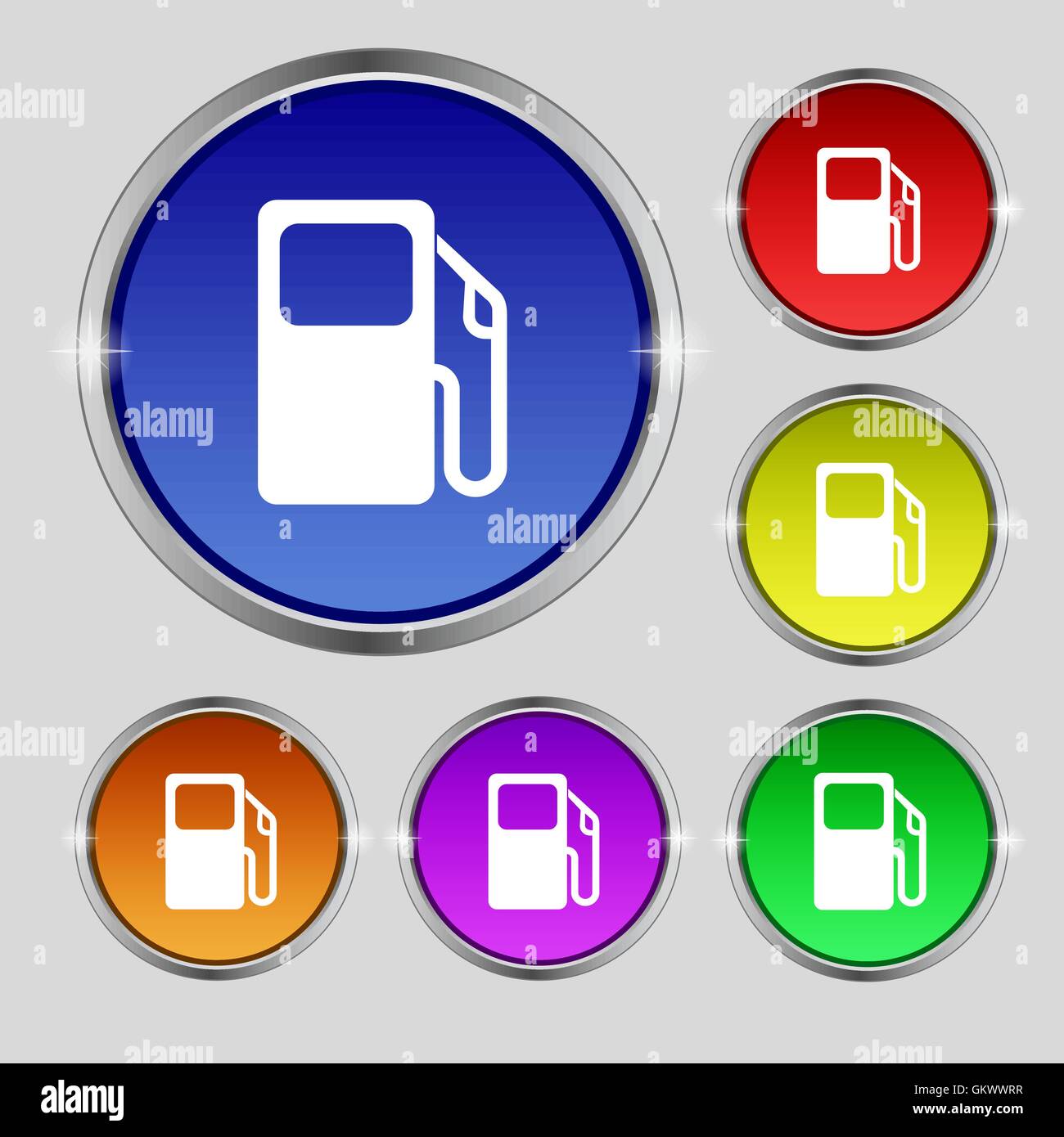 Auto gas station icon sign. Round symbol on bright colourful buttons ...