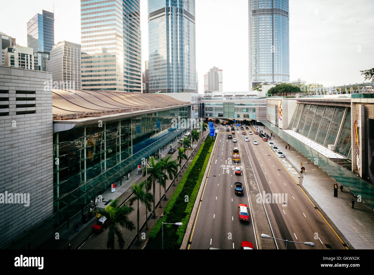 View of Man Cheung Street and modern skyscrapers in Central, Hong Kong ...
