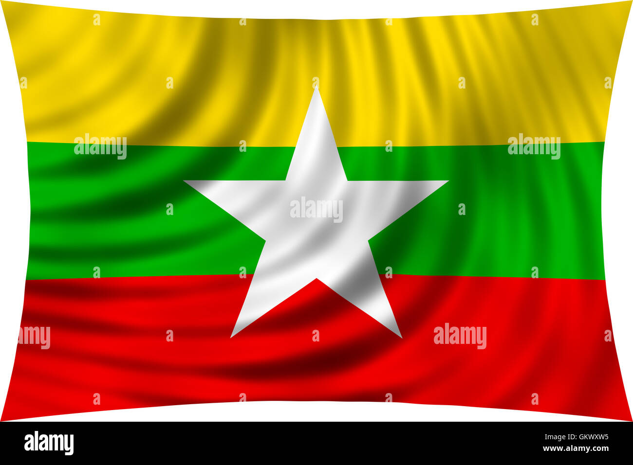 Flag of Myanmar waving in wind isolated on white background. Myanmar ...